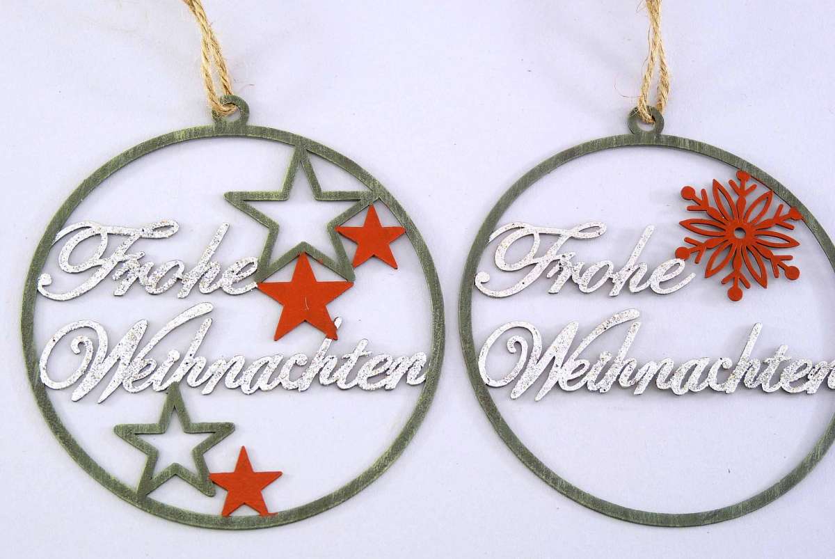 Metall-Schild ''Frohe Weihnachten'' hgd. rot-grün-silber sort. ø10,5cm ...