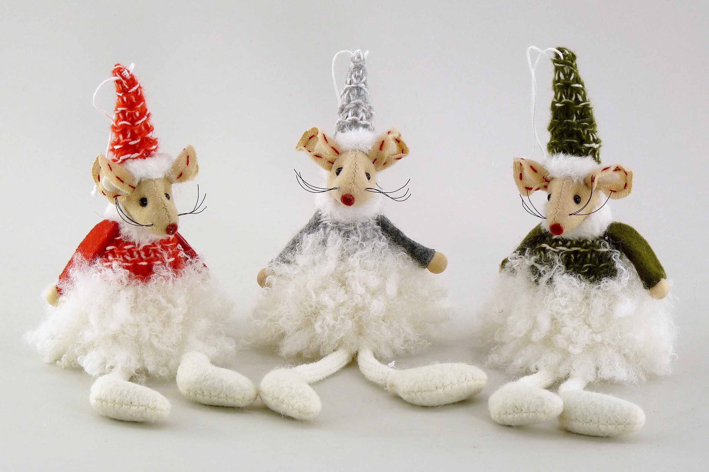 Stoff/Woll-Maus hgd. rot/grün/grau-weiß sort. H21cm | lang-kunstgewerbe